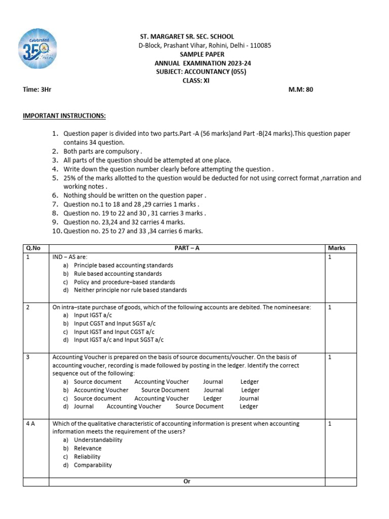 Xi Acc Sample Paper 23 24 | PDF | Debits And Credits | Cheque