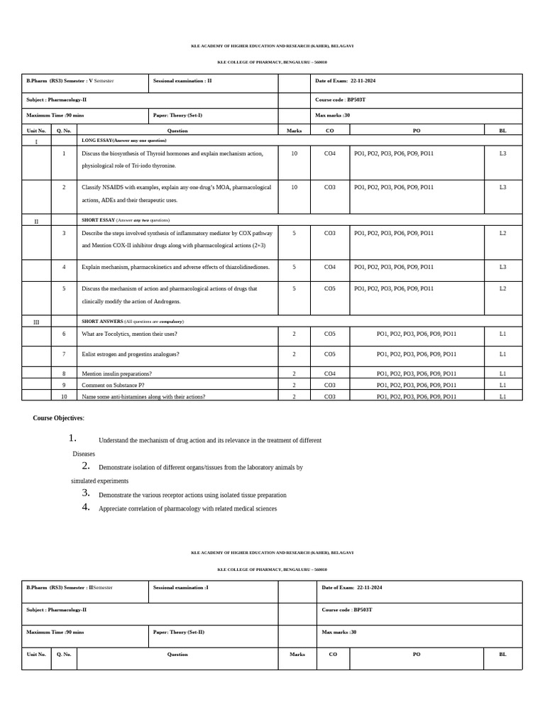 Final QP Pcol-II 5th Sem 3 SET II Sessional | PDF | Pharmacology ...