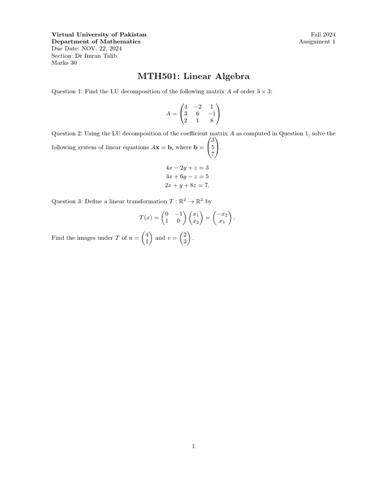 Assignment 1 MTH501 Linear Algebra | PDF