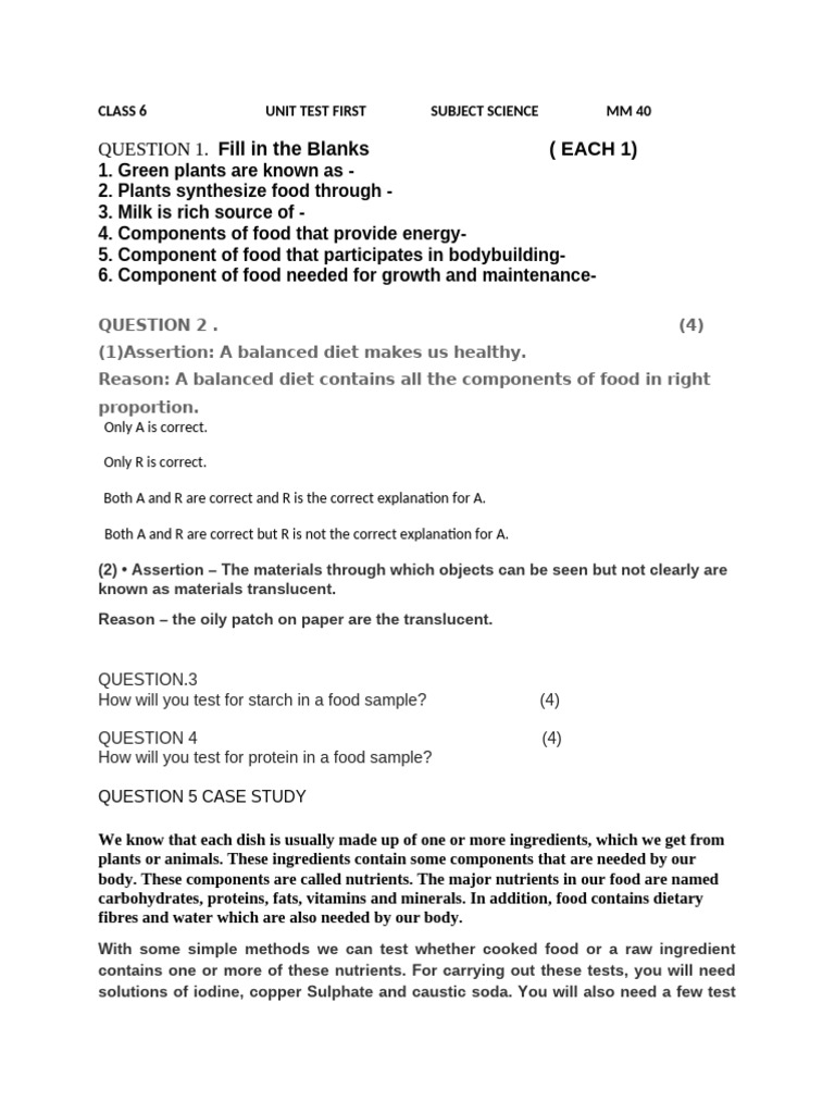 Class 6 Unit Test First Subject Science Mm 40 | PDF | Foods | Nutrients