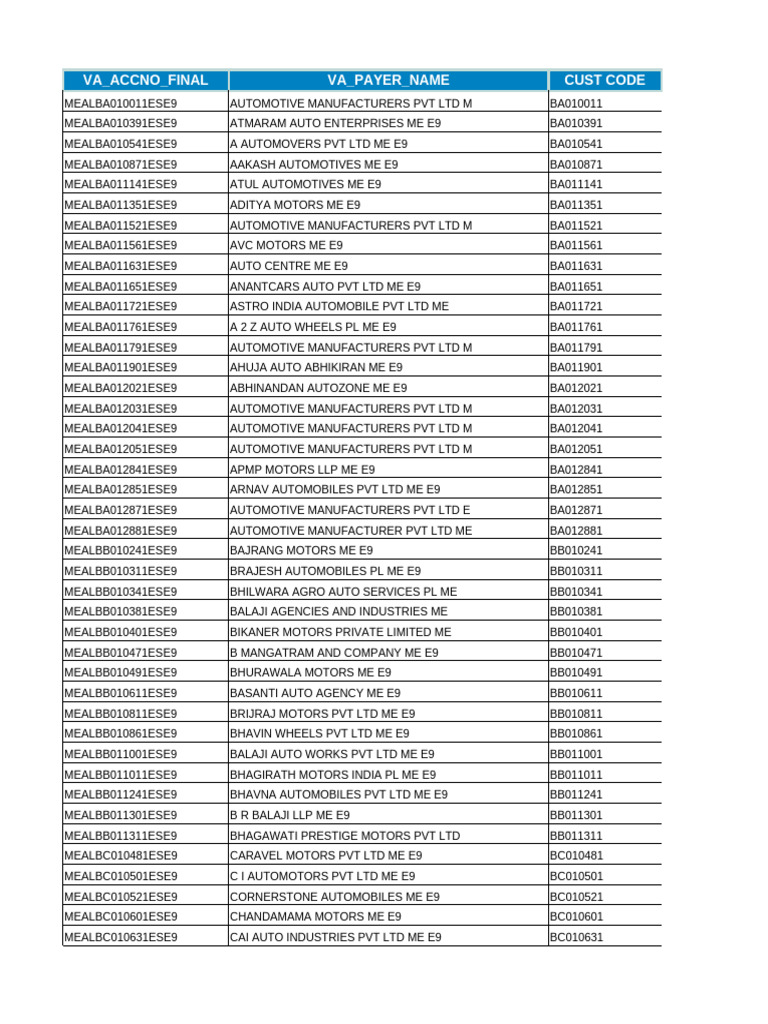 Automotive Payer List Document | PDF | Automotive Industry | Car