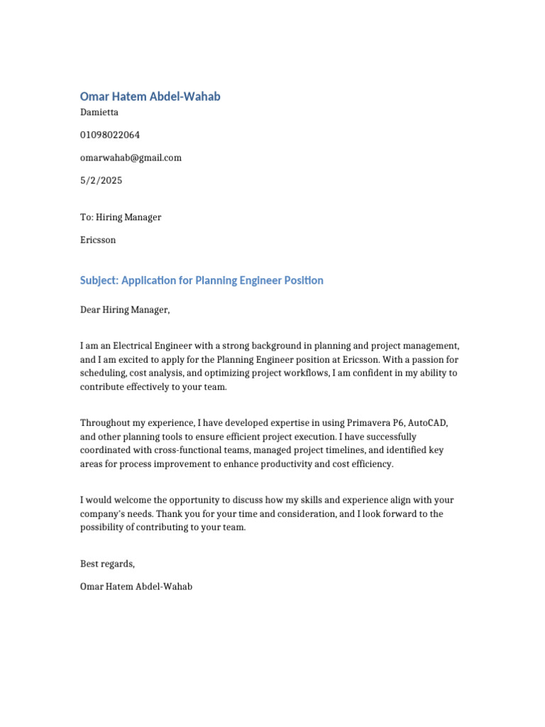 Cover Letter Omar Hatem Ericsson Updated | PDF