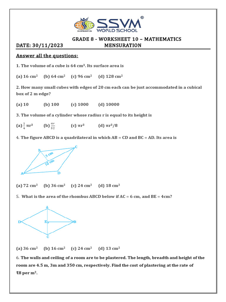 Grade 8 Mensuration Worksheet 10 | PDF