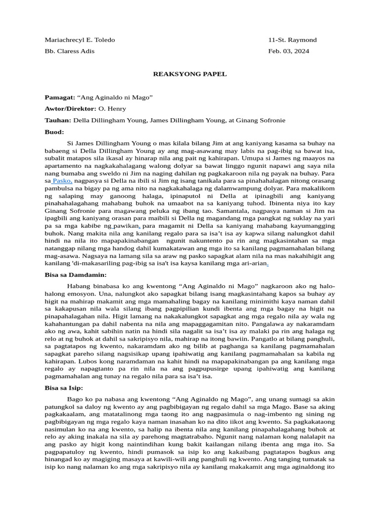 Reaksyon Paper Ria | PDF