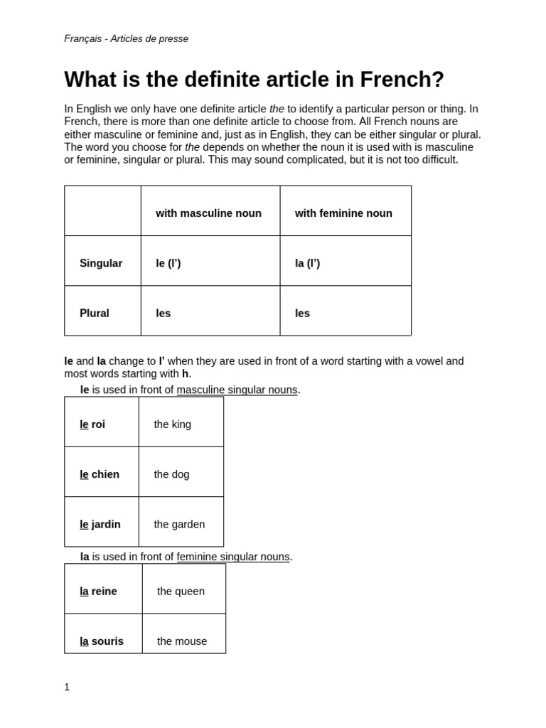 Français - What Is The Definite Article in French? (Sources From ...