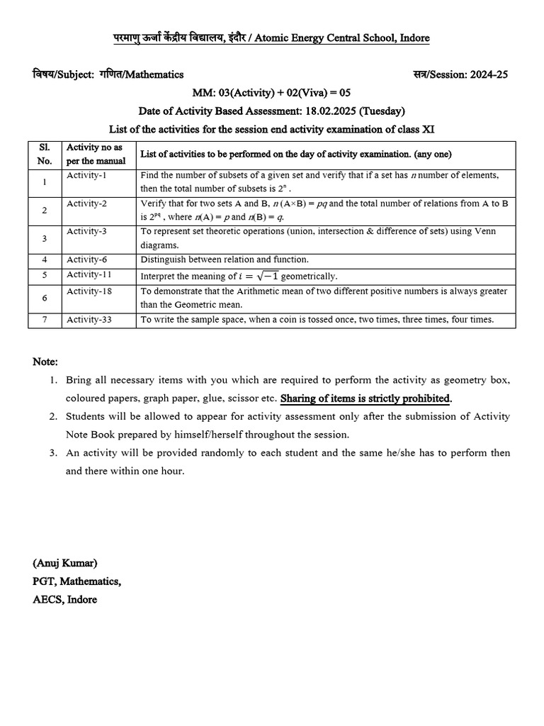 Class XI Math Activity Assessment 2024-25 | PDF