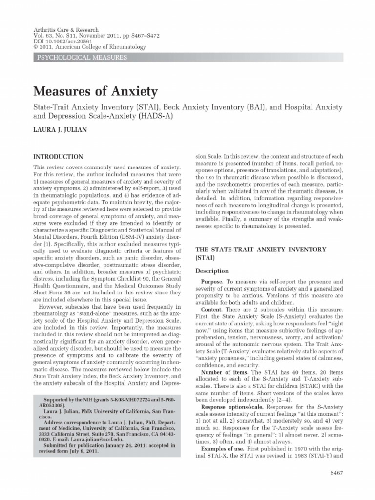 Measures of Anxiety Example | PDF
