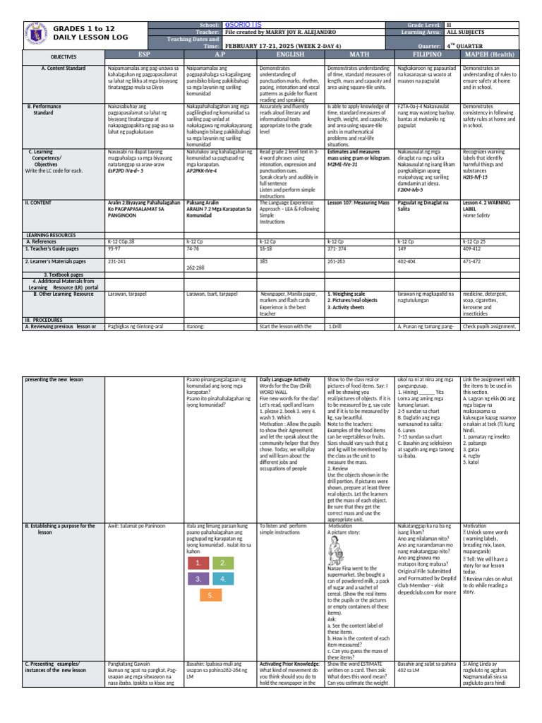 DLL_ALL SUBJECTS 2_Q4_W2_D4 | PDF