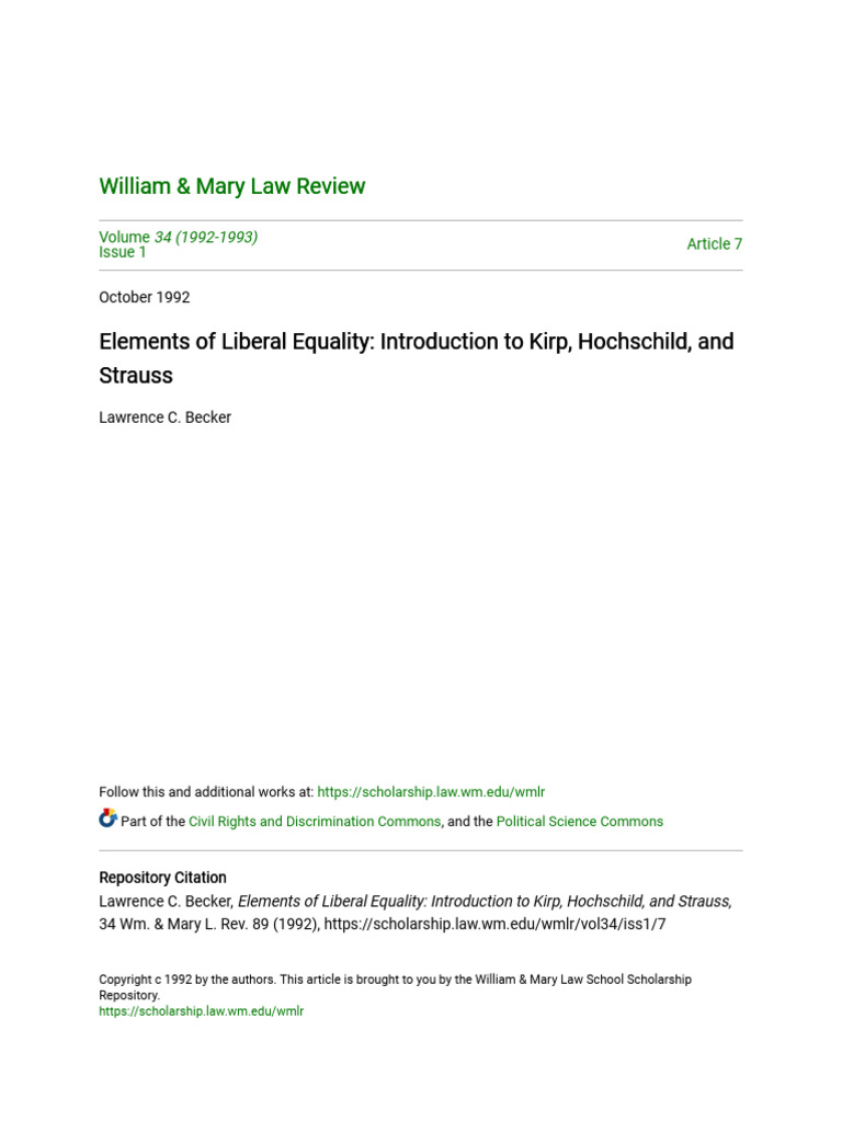 Elements of Liberal Equality - Introduction To Kirp Hochschild A | PDF ...