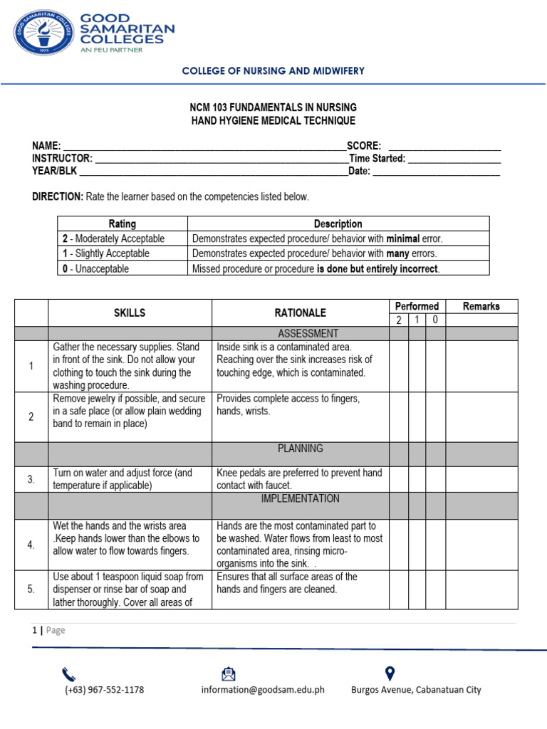 Hand Hygiene Checklist for Nurses | PDF | Hand Washing | Nail (Anatomy)