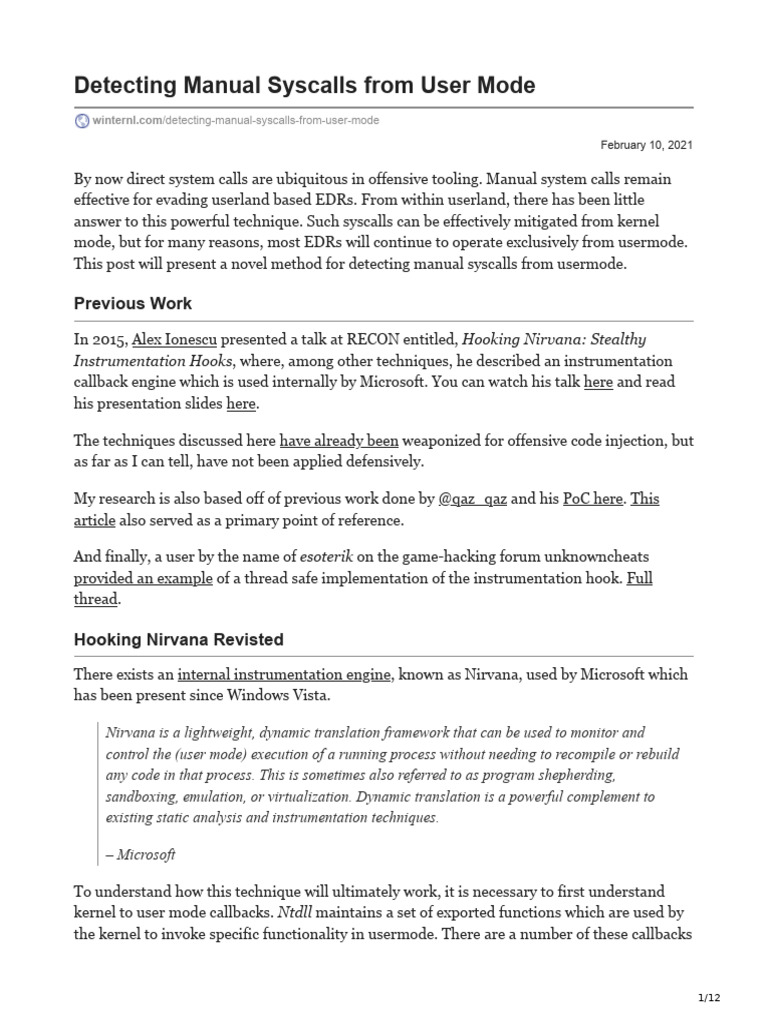 Detect Manual Syscalls in User Mode | PDF | Kernel (Operating System) | Thread (Computing)