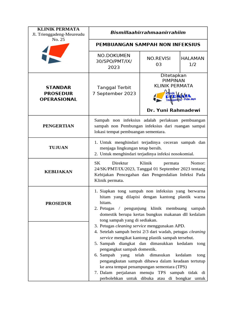 Sop Pembuangan Sampah Noninfeksius - Revisi | PDF