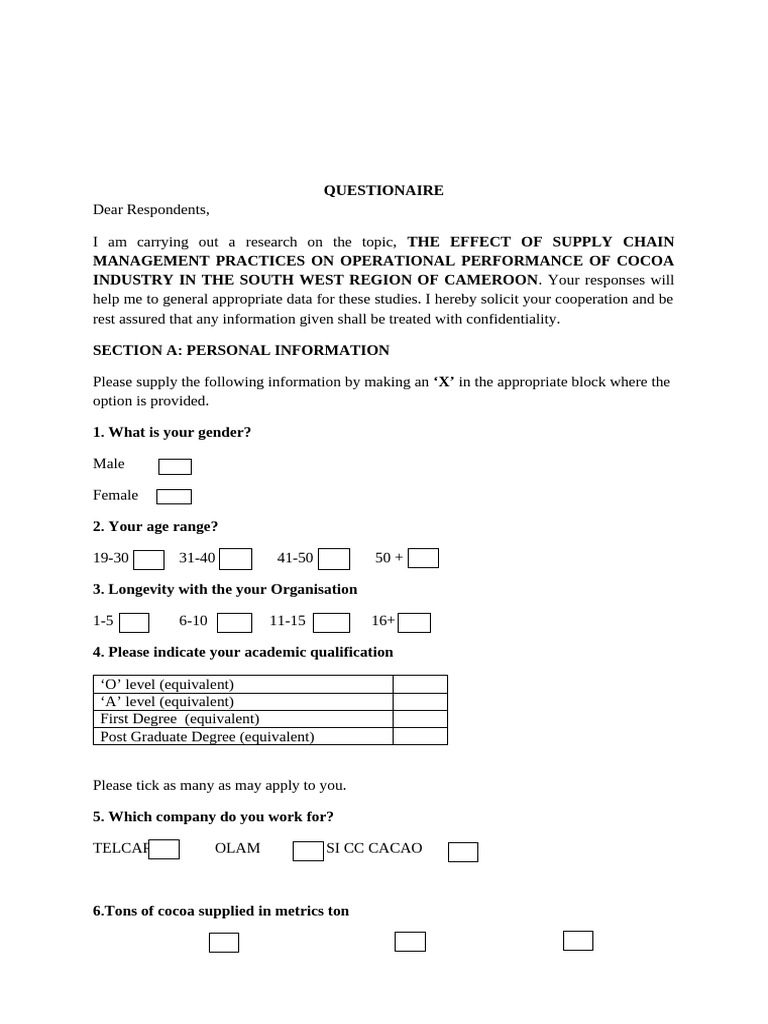 Questionnaire (Gideon, MCIPS-1 | PDF | Cocoa Bean | Supply Chain