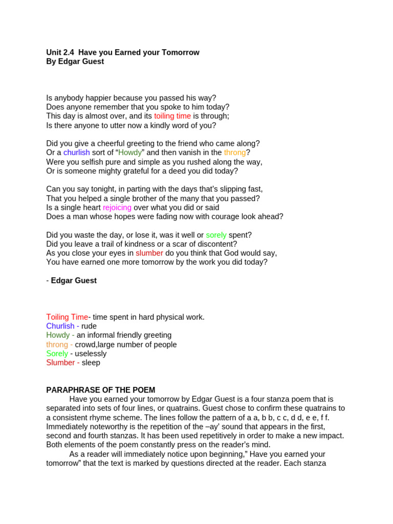 Earned Tomorrow: A Reflection on Kindness | PDF | Poetry