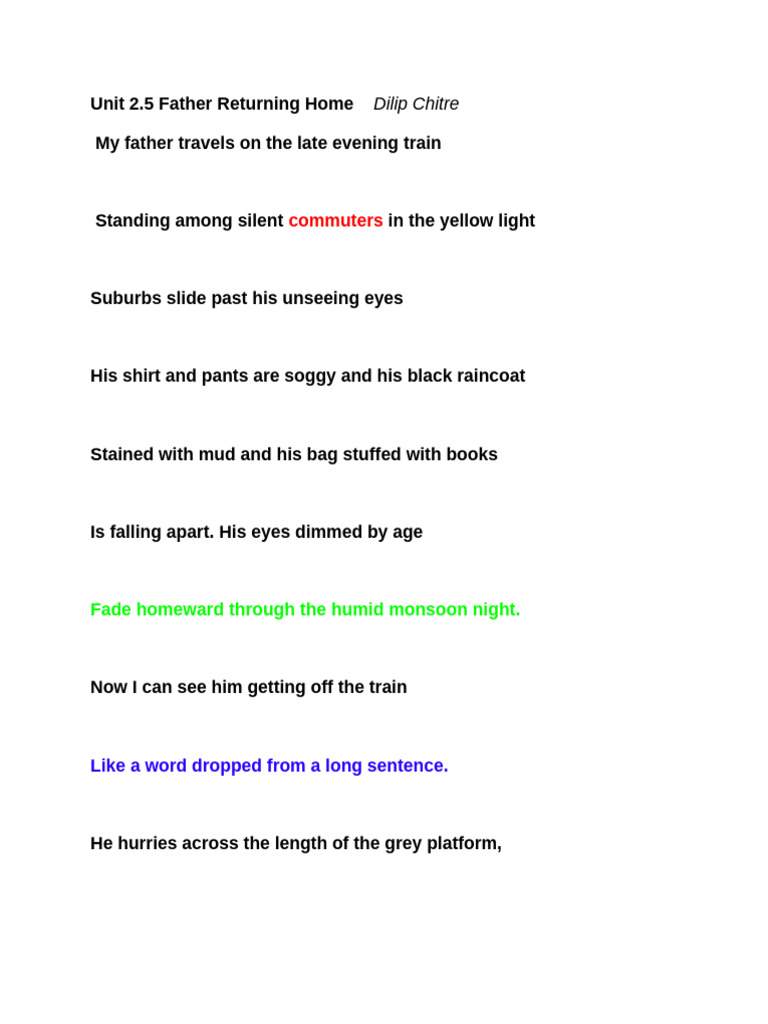Unit 2.5 Father Returning Home Dilip Chitre | PDF