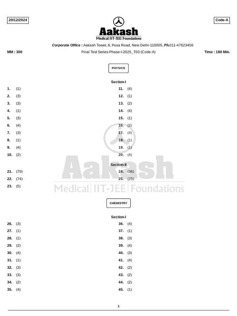FTS 2025 - PH 1 - T03 (Code A) - Sol - (18 02 2025) | PDF | Physical Sciences
