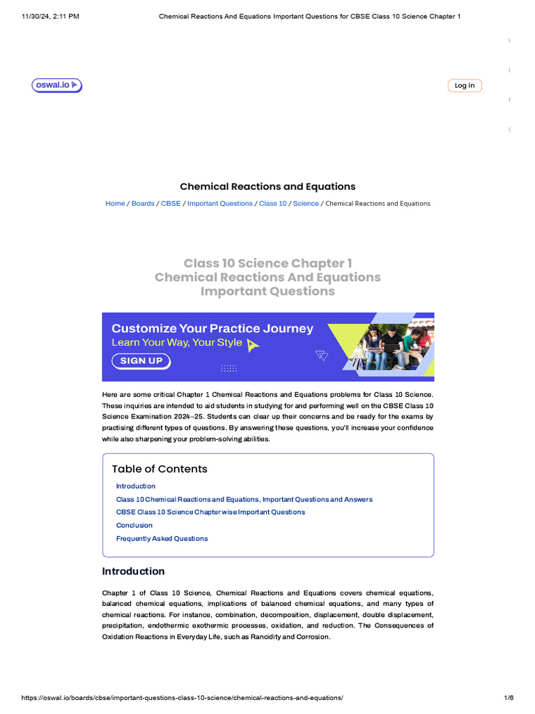Chemical Reactions And Equations Important Questions for CBSE Class 10 Science Chapter 1 | PDF ...