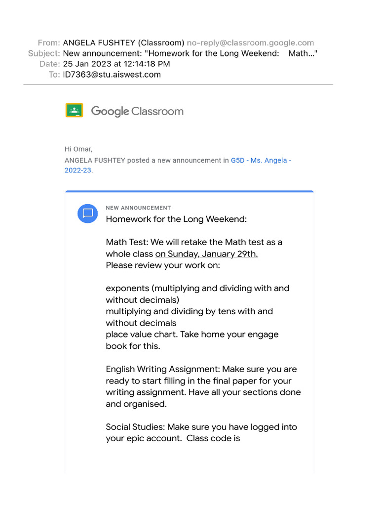 Long Weekend Homework Announcement | PDF