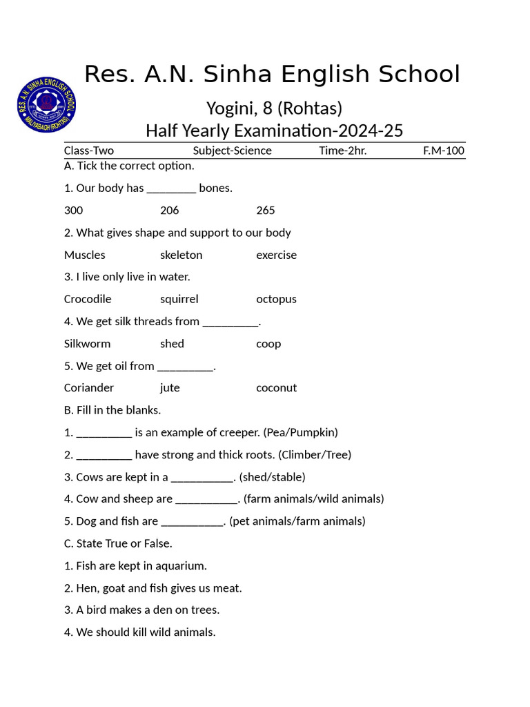 Class 2 Science Half Yearly Exam 2024-25 | PDF