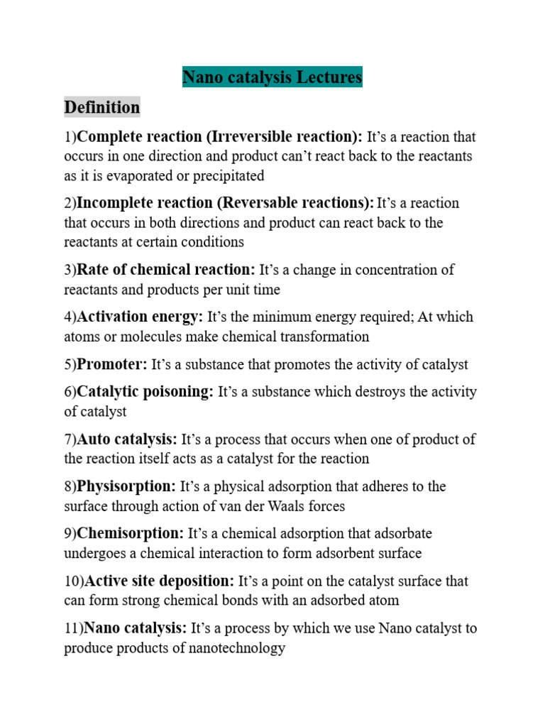 Lectures of Nano Catalysis | PDF | Catalysis | Heterogeneous Catalysis