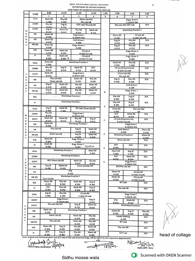 Time Table 2024-25 First Sem | PDF