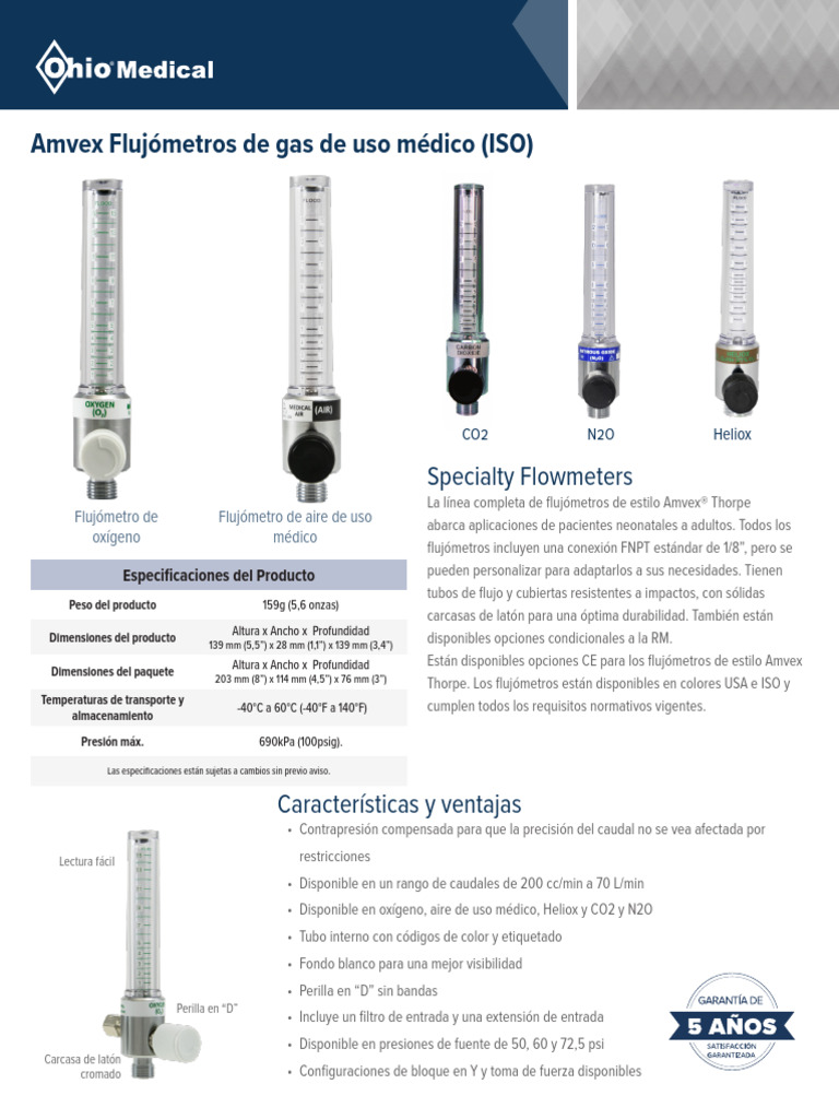 Amvex Medical Gas Flowmeters ISO Spec Sheet Spanish MK FM SPEC I ES ...