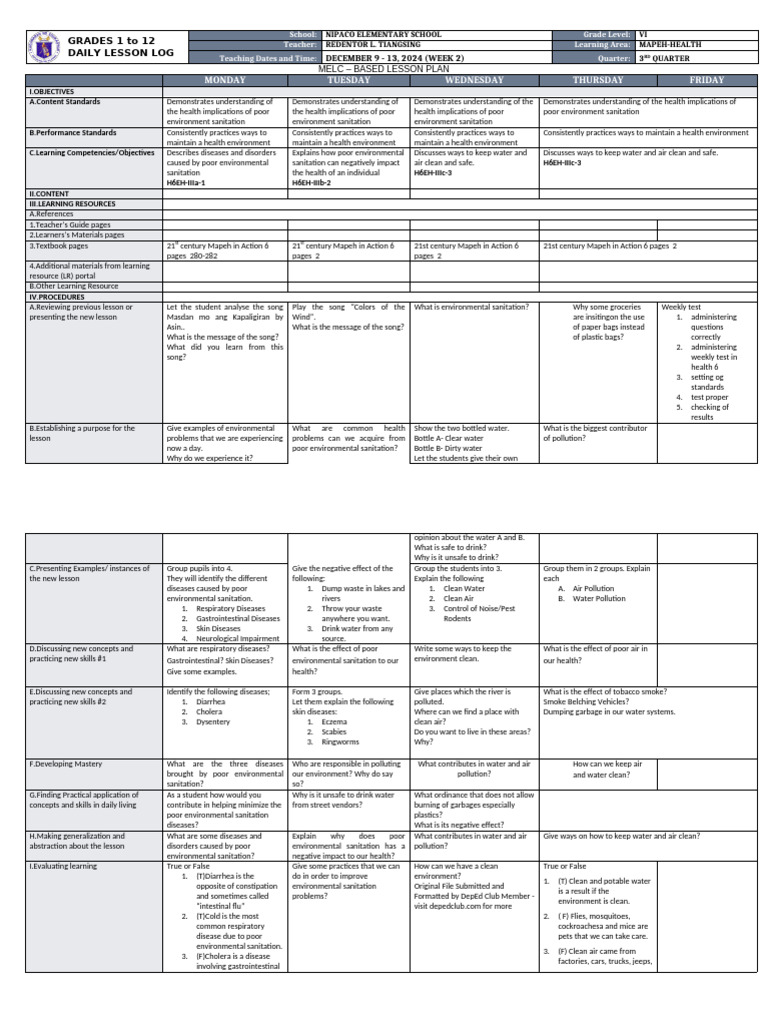 DLL - Mapeh-Health 6 - Q3 - W2 | PDF | Pollution | Sanitation