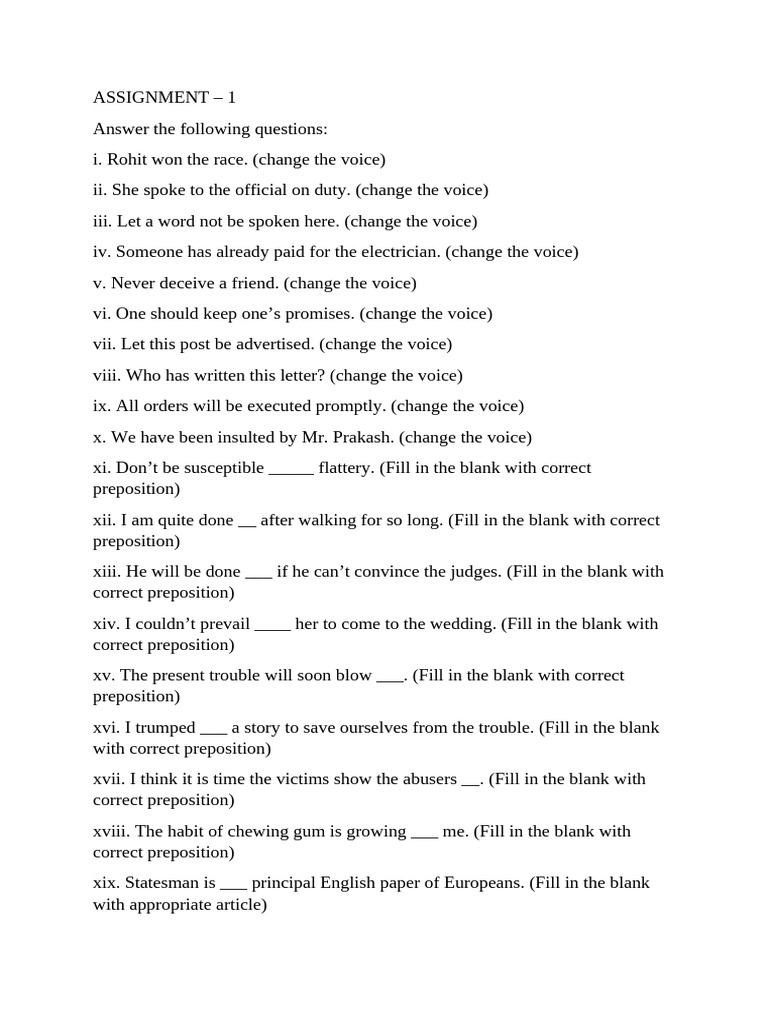 Voice Change and Preposition Exercises | PDF