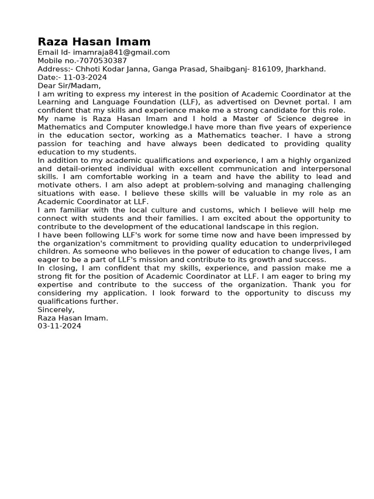 Raja Cover Letter | PDF