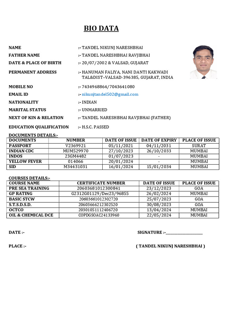 Bio Data - Tandel Nikunj Nareshbhai | PDF