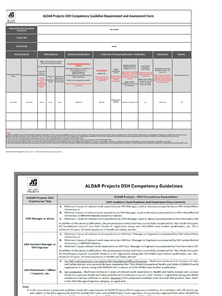 ALDAR PROJECTS OSH Competency Guideline Requirement and Assessment Form (1) | PDF | Diploma ...