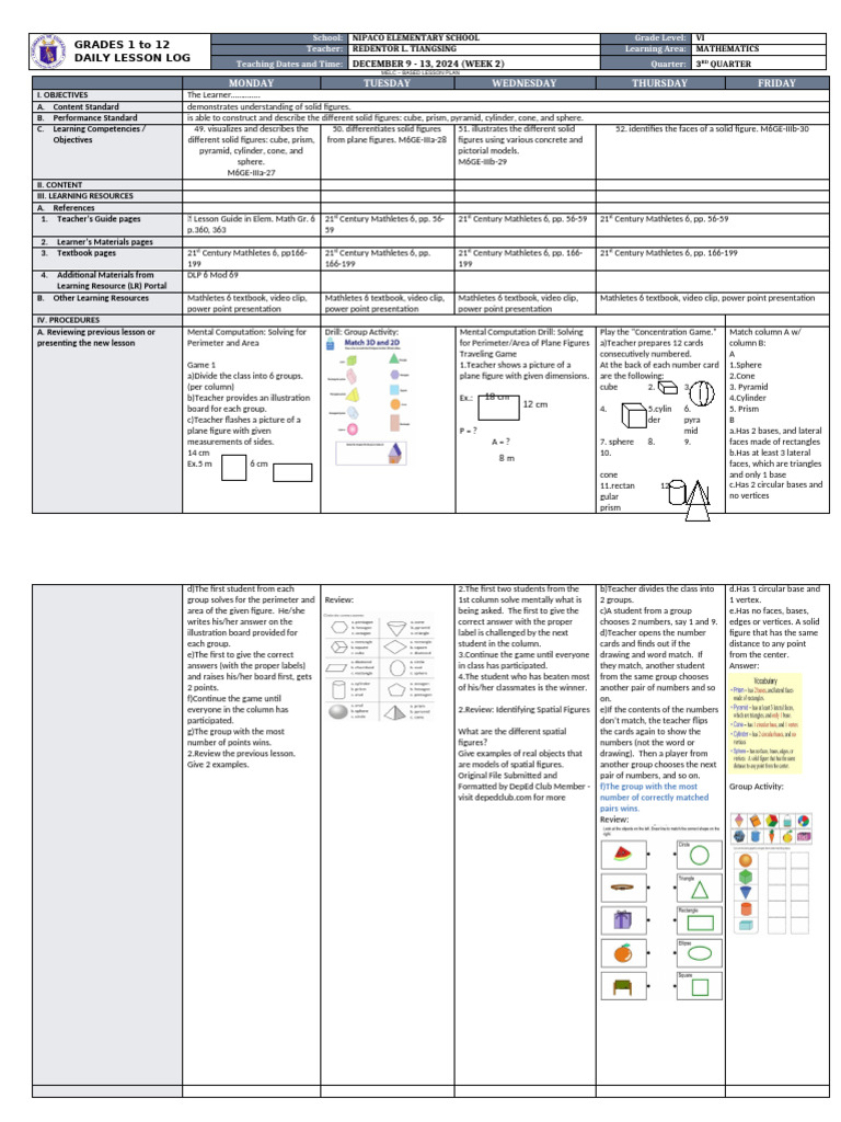 DLL - Mathematics 6 - Q3 - W2 | PDF | Shape | Area