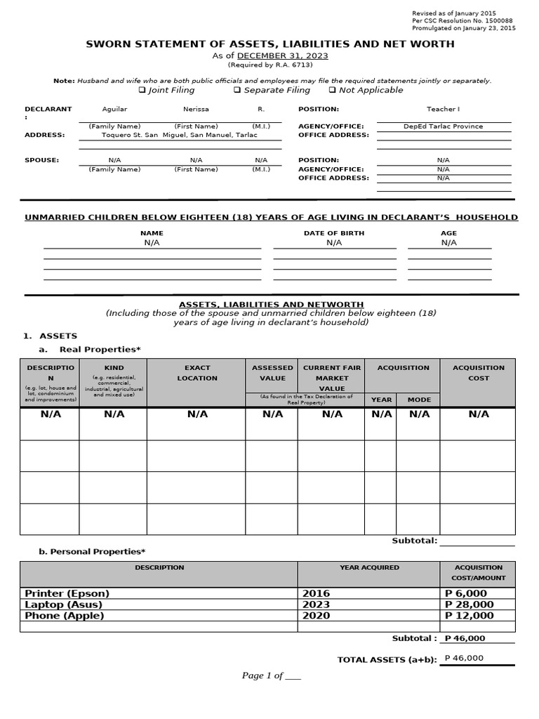 2015-SALN-Form-1 | PDF | Net Worth