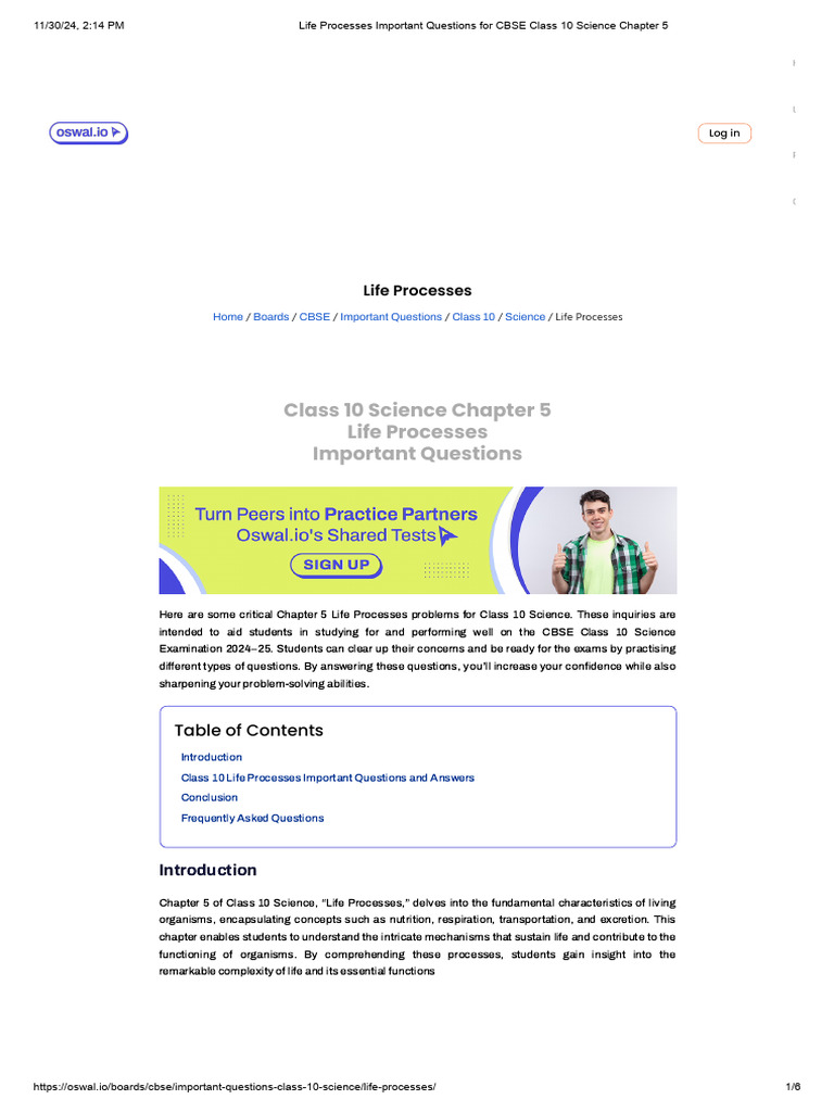 Life Processes Important Questions For CBSE Class 10 Science Chapter 5 ...