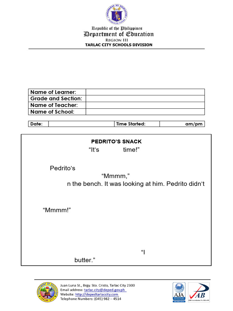Grade 5 Reading Tool For Profiling | PDF | Reading (Process) | Pedagogy