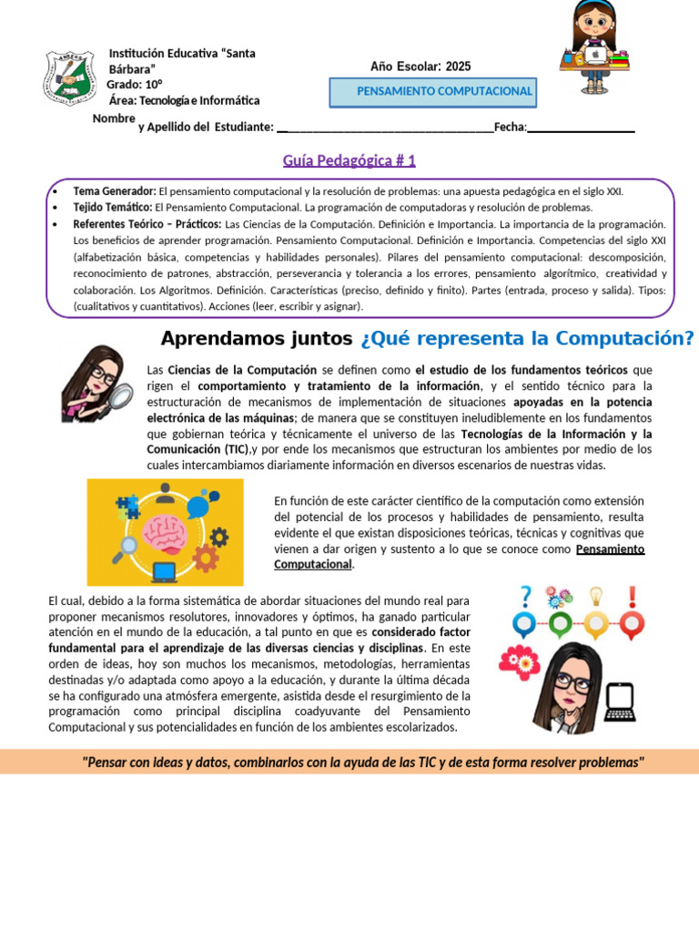 Guía Pedagógica N°1 - Pensamiento Computacional - Decimo | PDF | Pensamiento | Ciencias de la ...