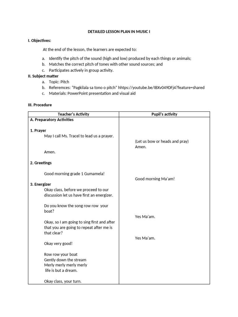 Detailed Lesson Plan in Music I | PDF | Pitch (Music) | Lesson Plan