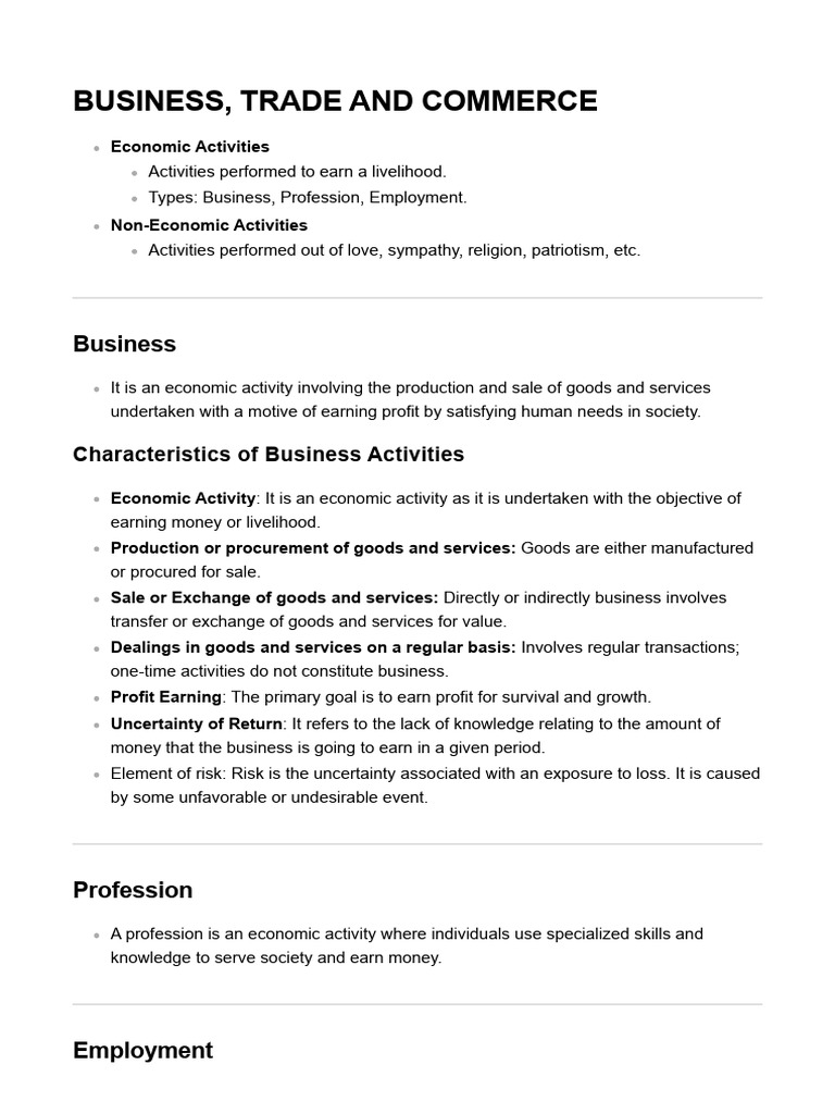 BUSINESS, TRADE AND COMMERCE Notes | PDF | Business | Commerce