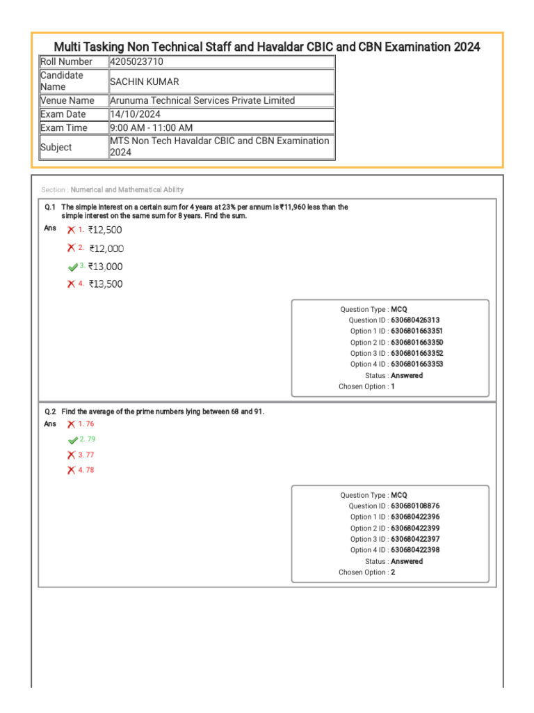 ssc mts answer key | PDF | Multiple Choice | Question