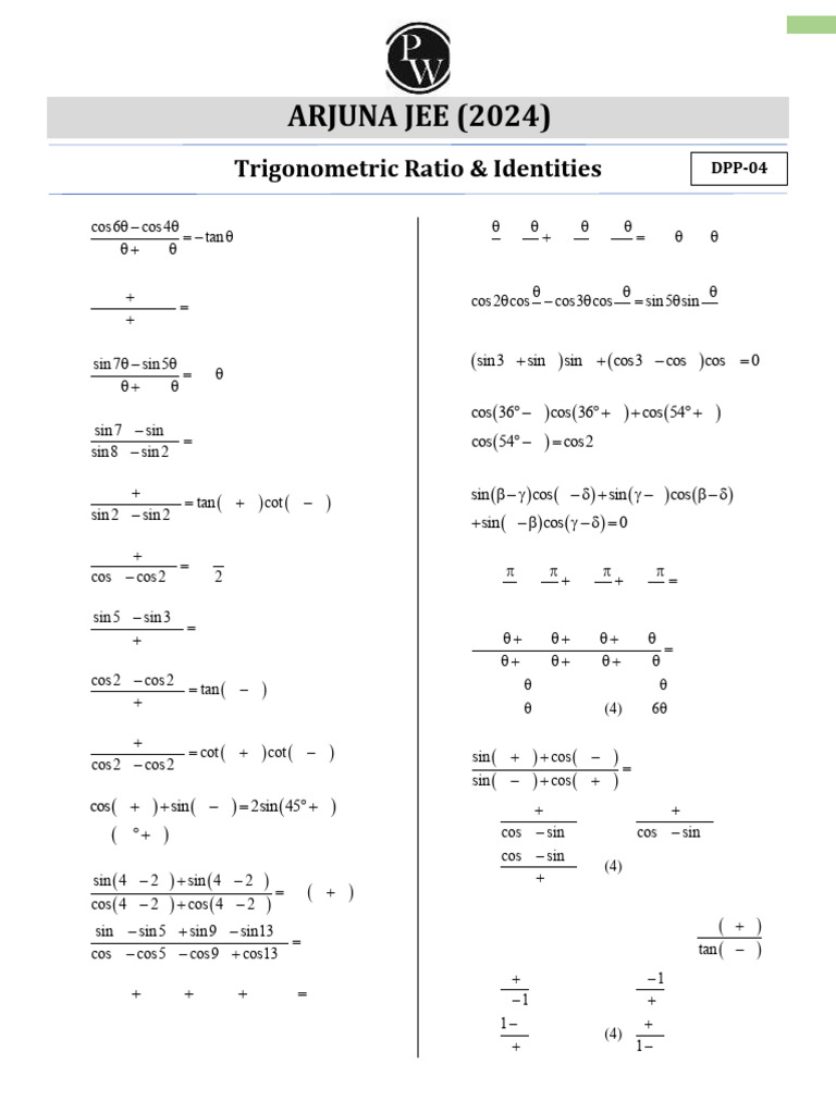 Trigonometric Identities - DPP 04 (Of Lec 06) - Arjuna JEE 2024 | PDF | Euclidean Geometry | Algebra