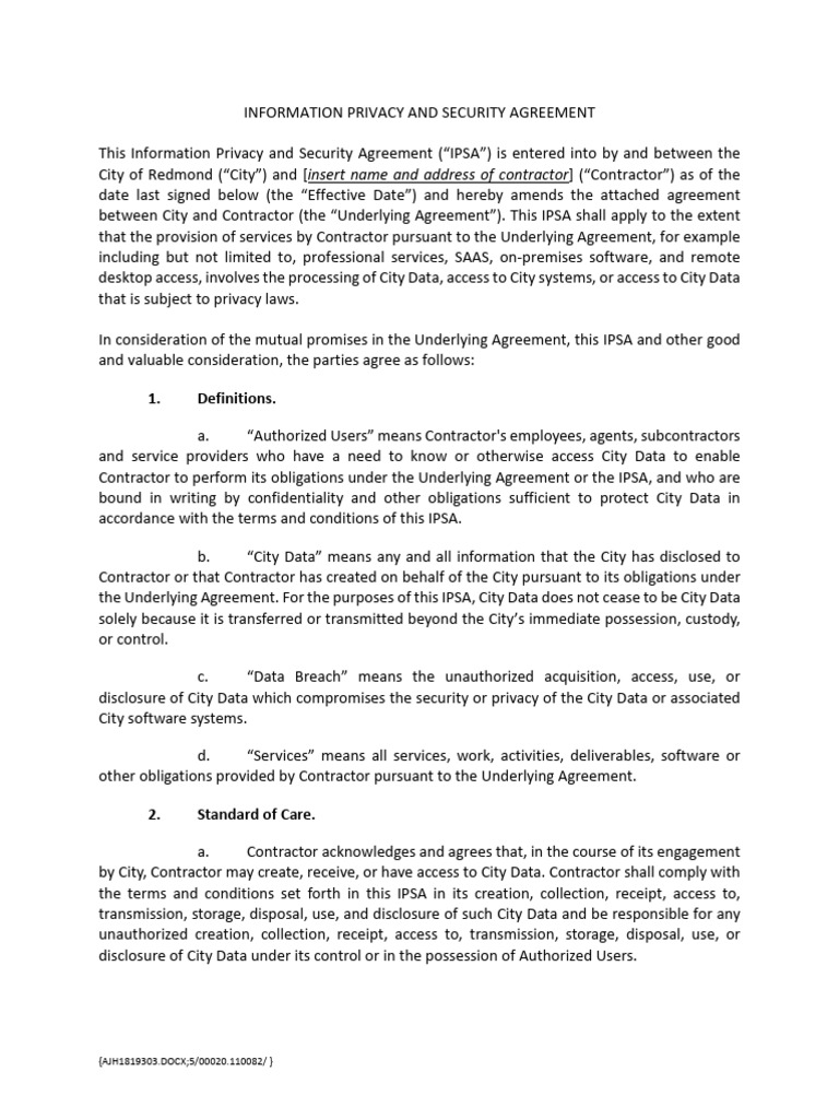 RFP 10671-19 Exhibit E - Information Privacy and Security Agreement | PDF | Indemnity | Computer ...