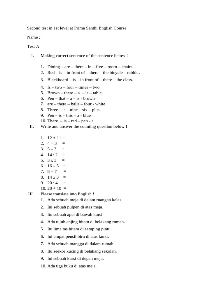 Second Test in 1st Level at Prima Santhi English Course | PDF | Graphite