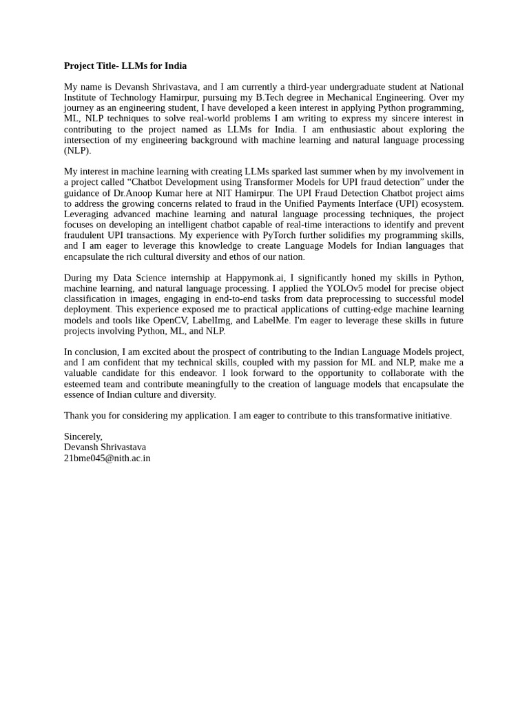 Sop Iiitg Llms for India | PDF | Machine Learning | Learning