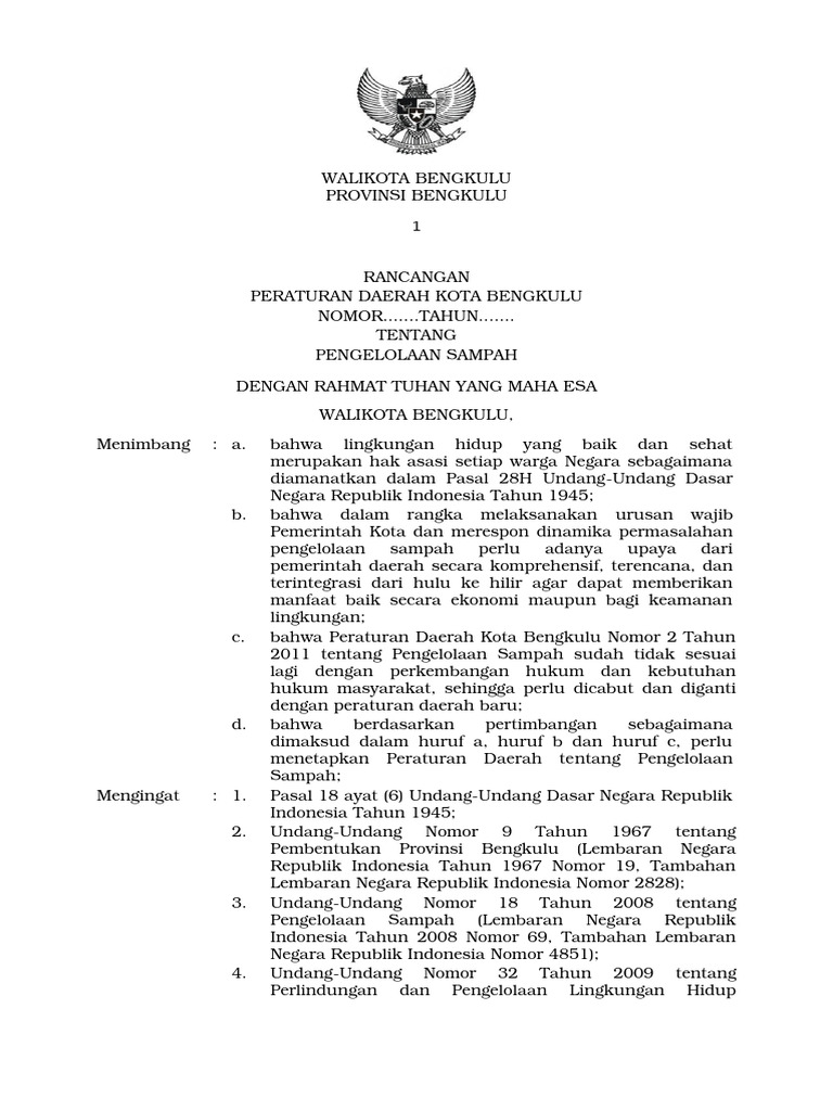 Draft Raperda Pengelolaan Sampah | PDF