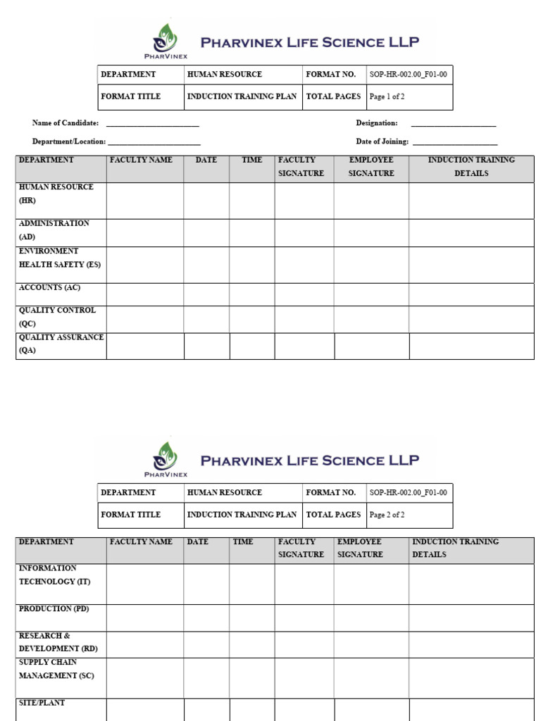 Induction Training Plan - PLS 1 | PDF