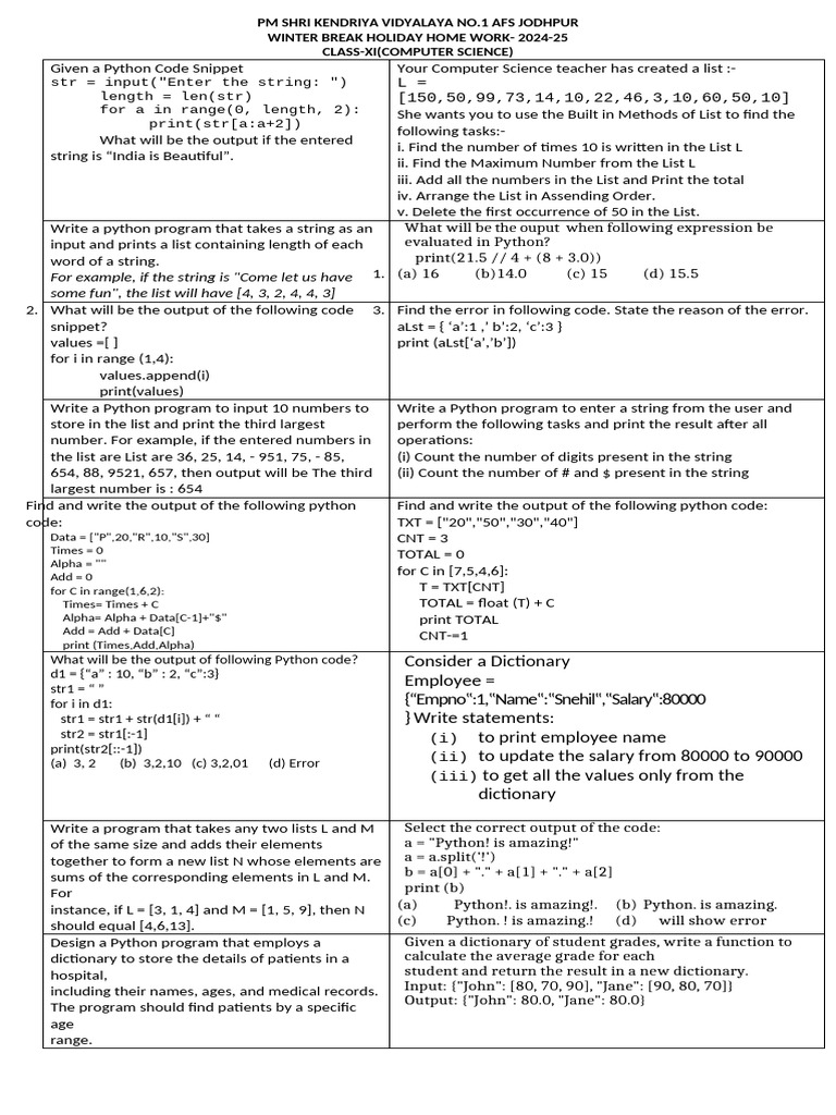 Winter Holidays Home Work-Class-XI-CS (2023-24) | PDF | String (Computer Science) | Python ...