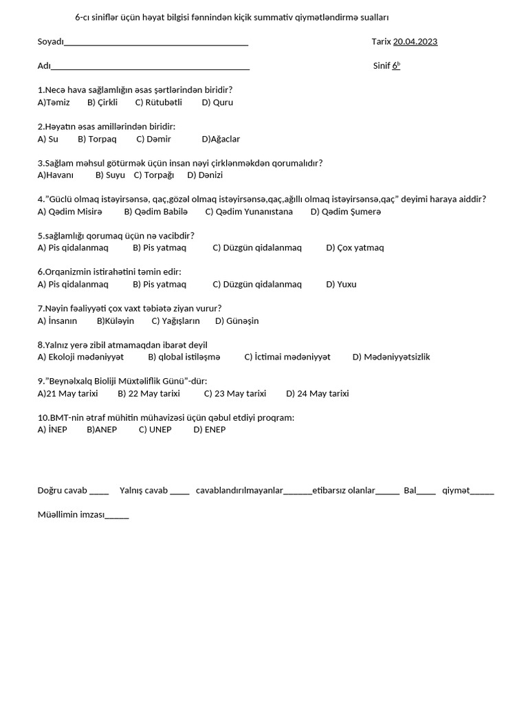 6 Sinif Həyat Bilgisi 5 KSQ | PDF