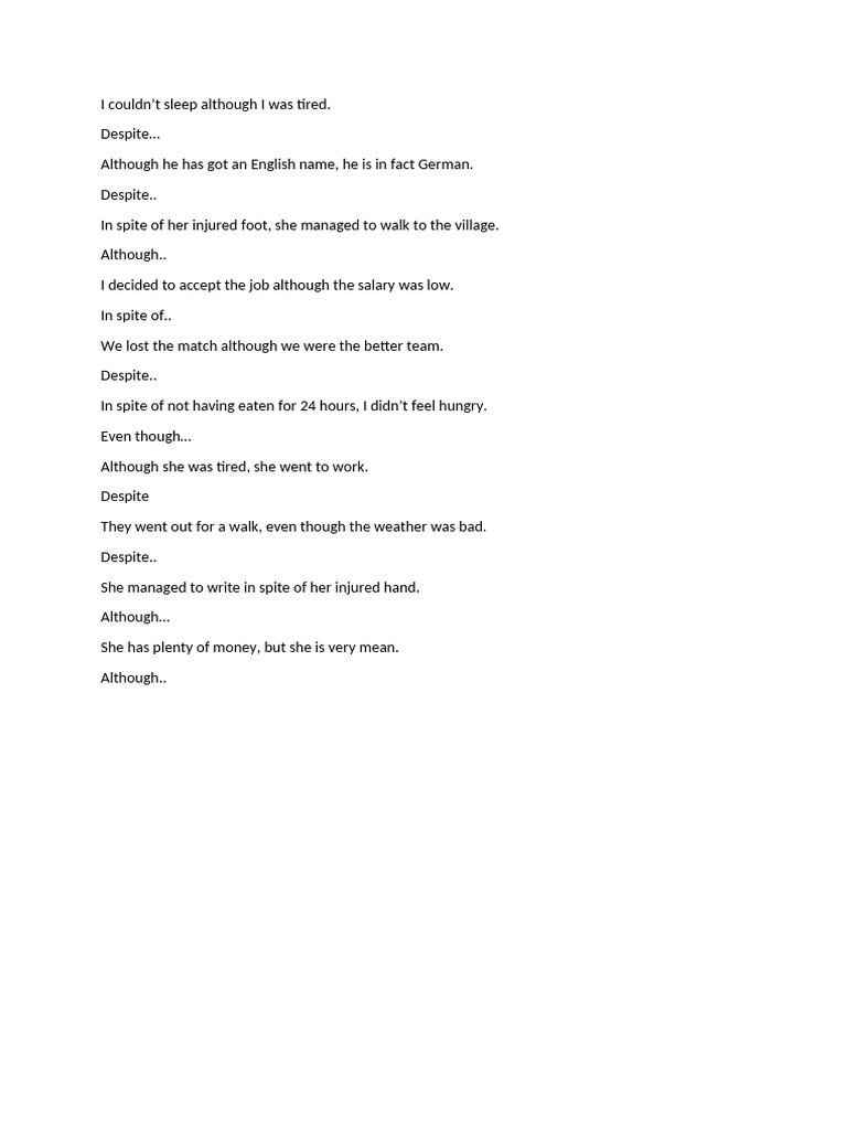 Conjunctions: Despite and Although Usage | PDF