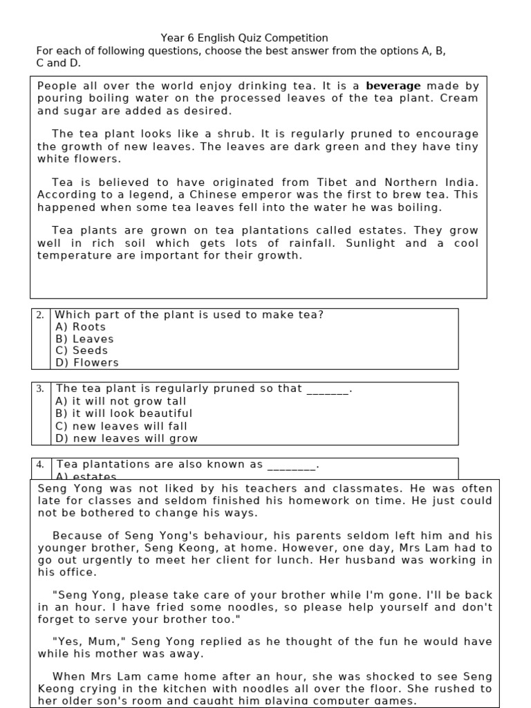 Year 6 English Quiz and Answers | PDF | Tea | Drink