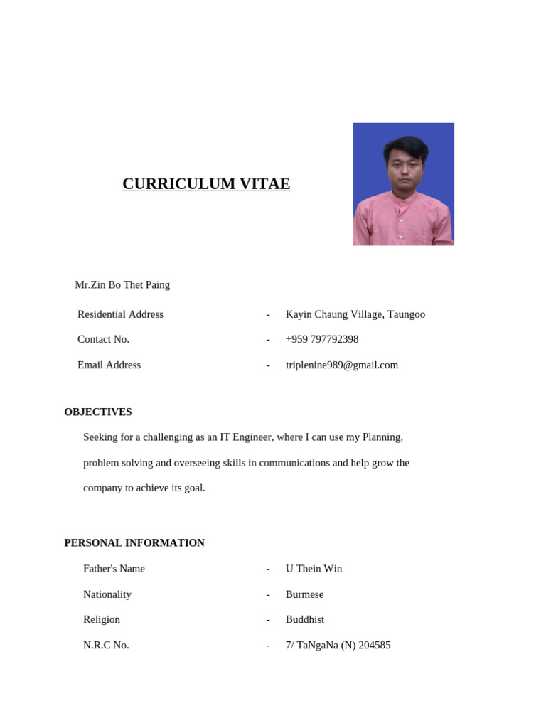 IT Engineer Application - Zin Bo Thet Paing | PDF